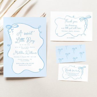 Blue dainty bow wavy baby boy shower invitation | Zazzle