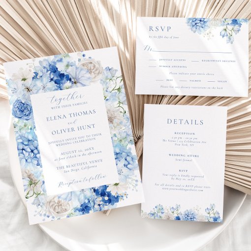 Elegant Blue Floral Frame Wedding Invitation | Zazzle