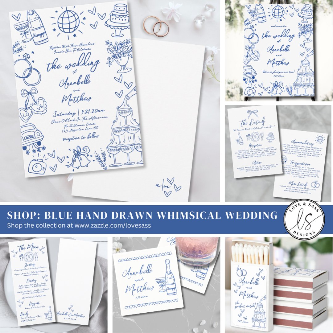 Hand Drawn Blue Whimsical Wedding Invitation | Zazzle