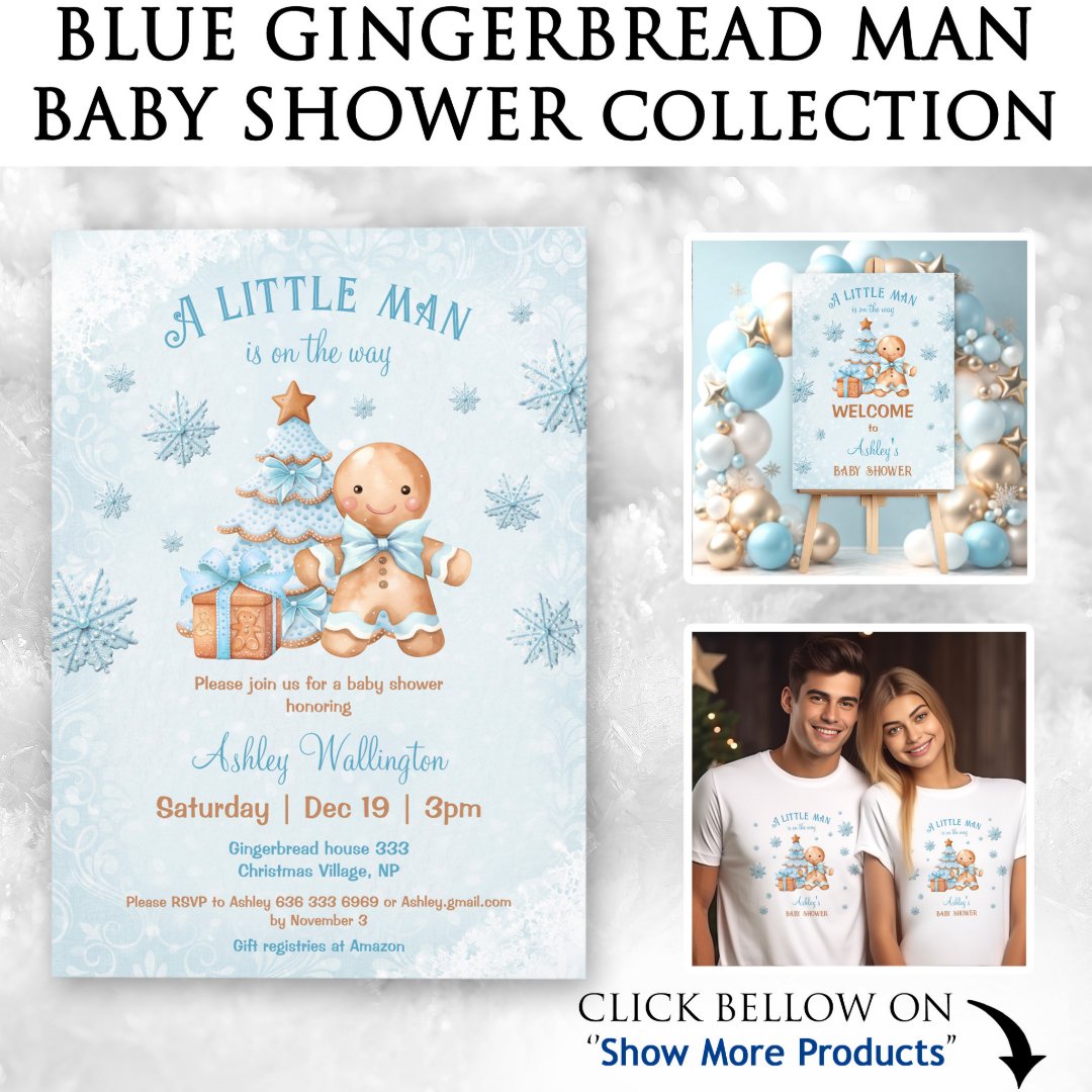 Gingerbread Man Boy Blue Christmas Baby Shower Invitation | Zazzle