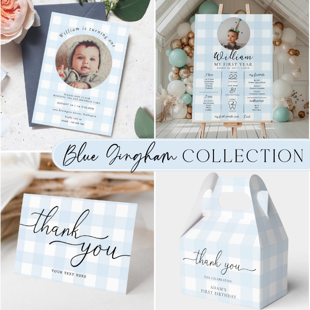 Blue Gingham Photo Birthday Invitation | Zazzle