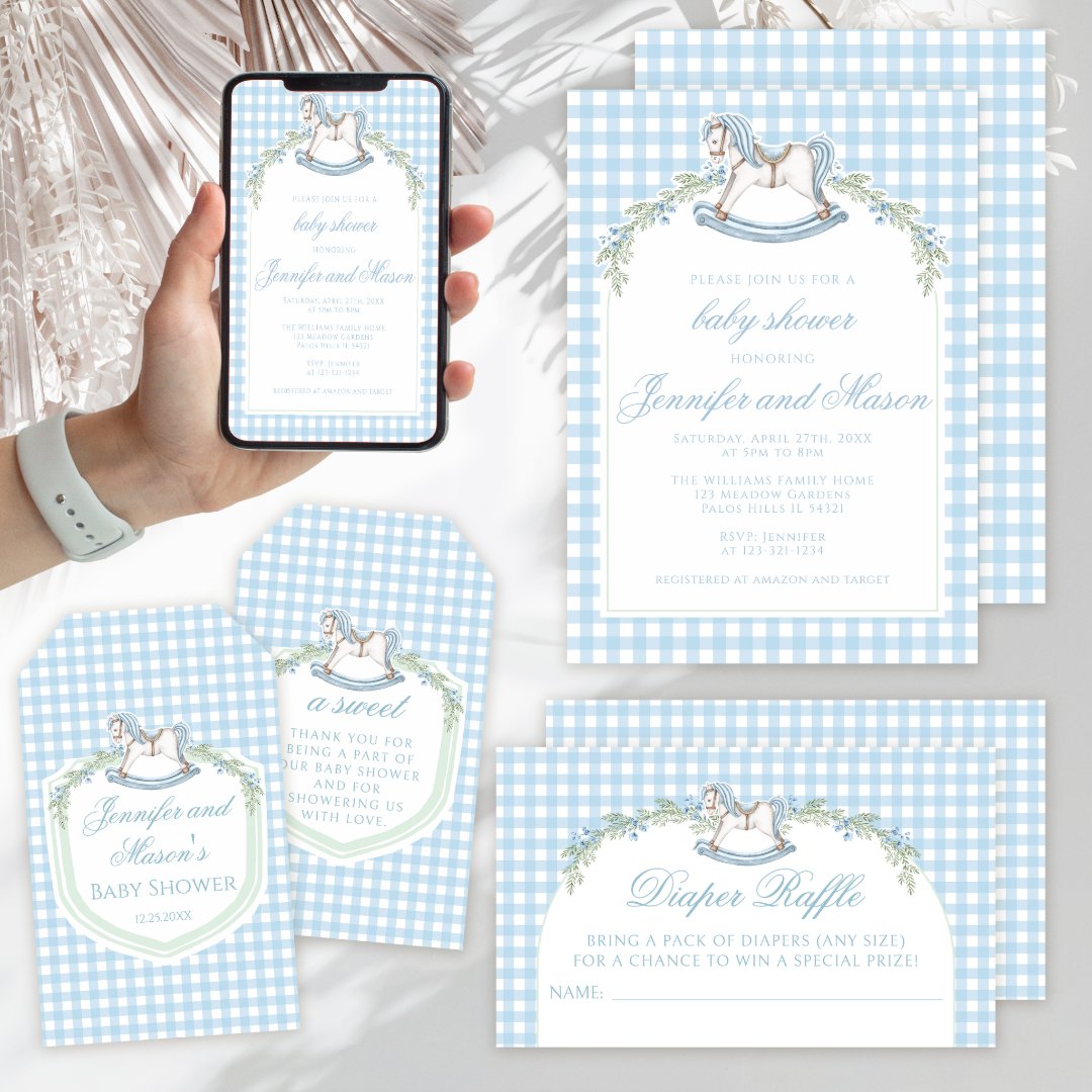 Blue rocking horse French crest baby boy shower Invitation | Zazzle