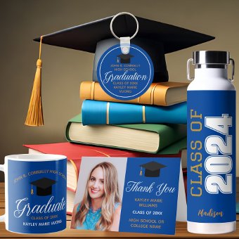 Graduate Photo Royal Blue Gold Graduation Party Invitation | Zazzle