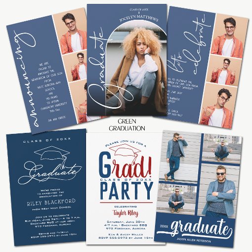 4 Photo Blue Graduation Party Invitation Postcard | Zazzle