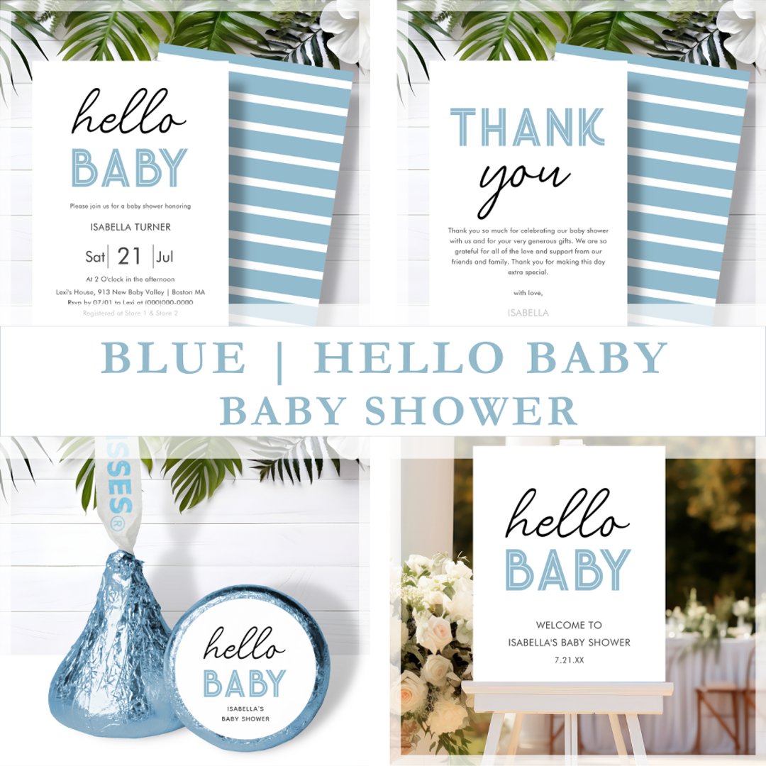 Blue Hello Baby | Baby Shower Water Bottle Label | Zazzle