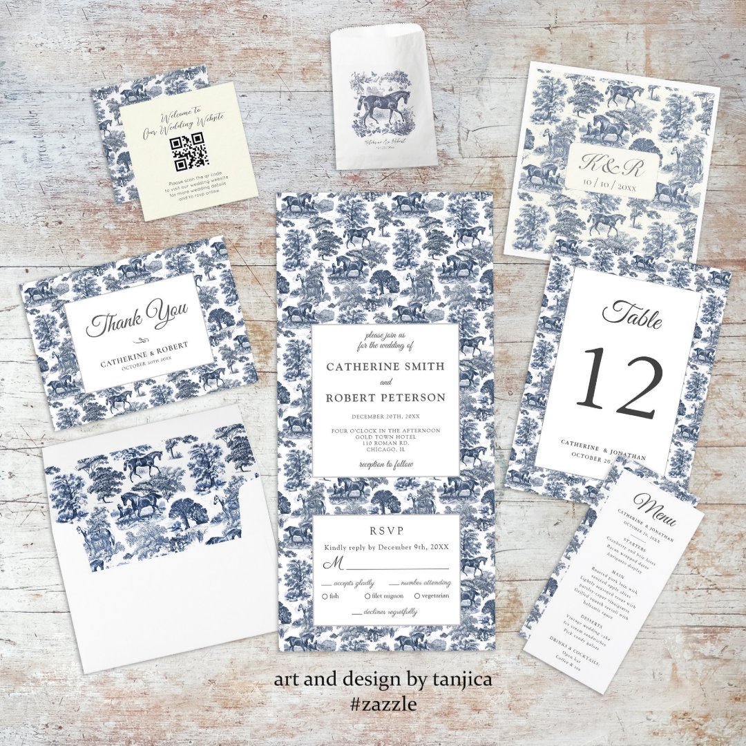 Elegant Vintage Chic Blue Horse Toile Wedding Invitation | Zazzle