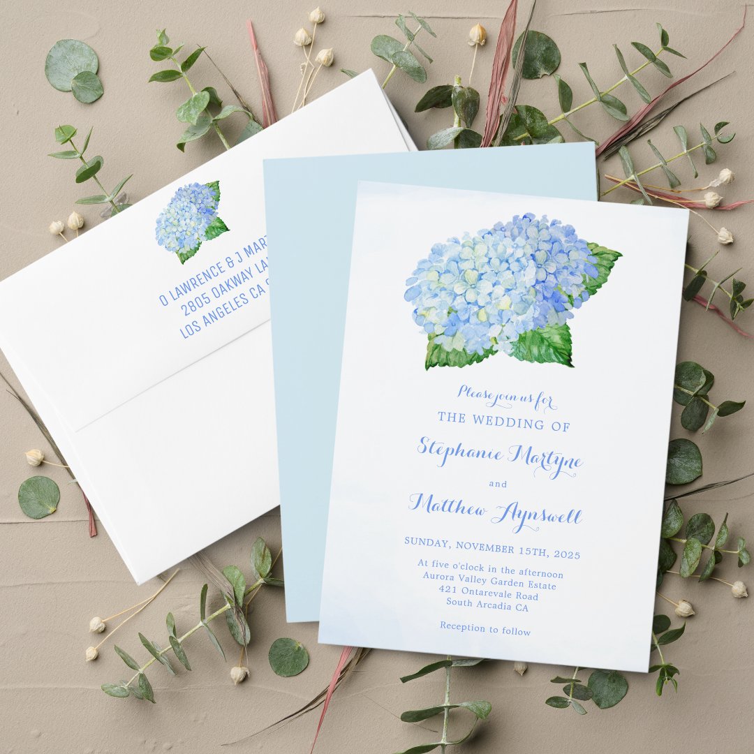 Blue Hydrangea Watercolor Floral Wedding Invitation | Zazzle