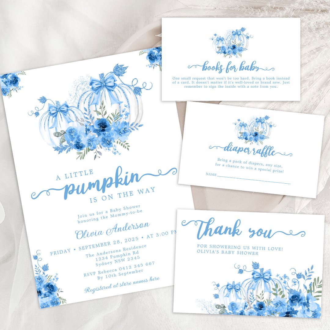 Blue Little Pumpkin Bow Wave Frame Baby Shower Invitation | Zazzle