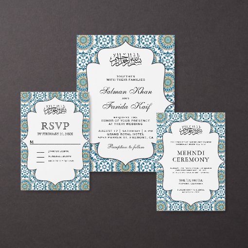 Elegant Blue Persian Mosaic Islamic Muslim Wedding Invitation | Zazzle