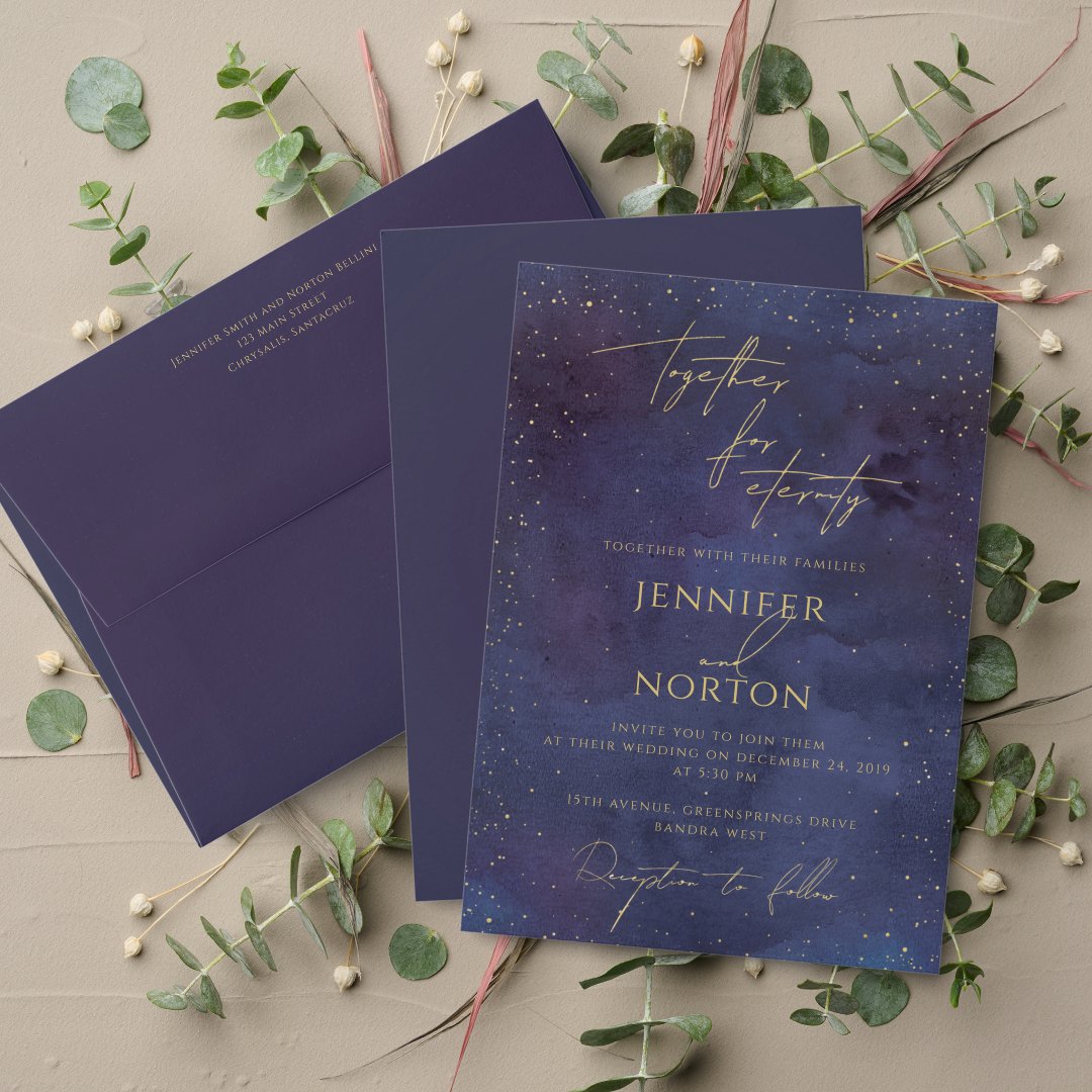 Galaxy Starry Night Sky Blue Purple Gold Wedding Invitation | Zazzle