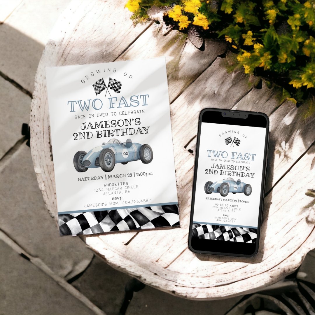 Blue Race Car Birthday Party Cards and Gifts Sign | Zazzle