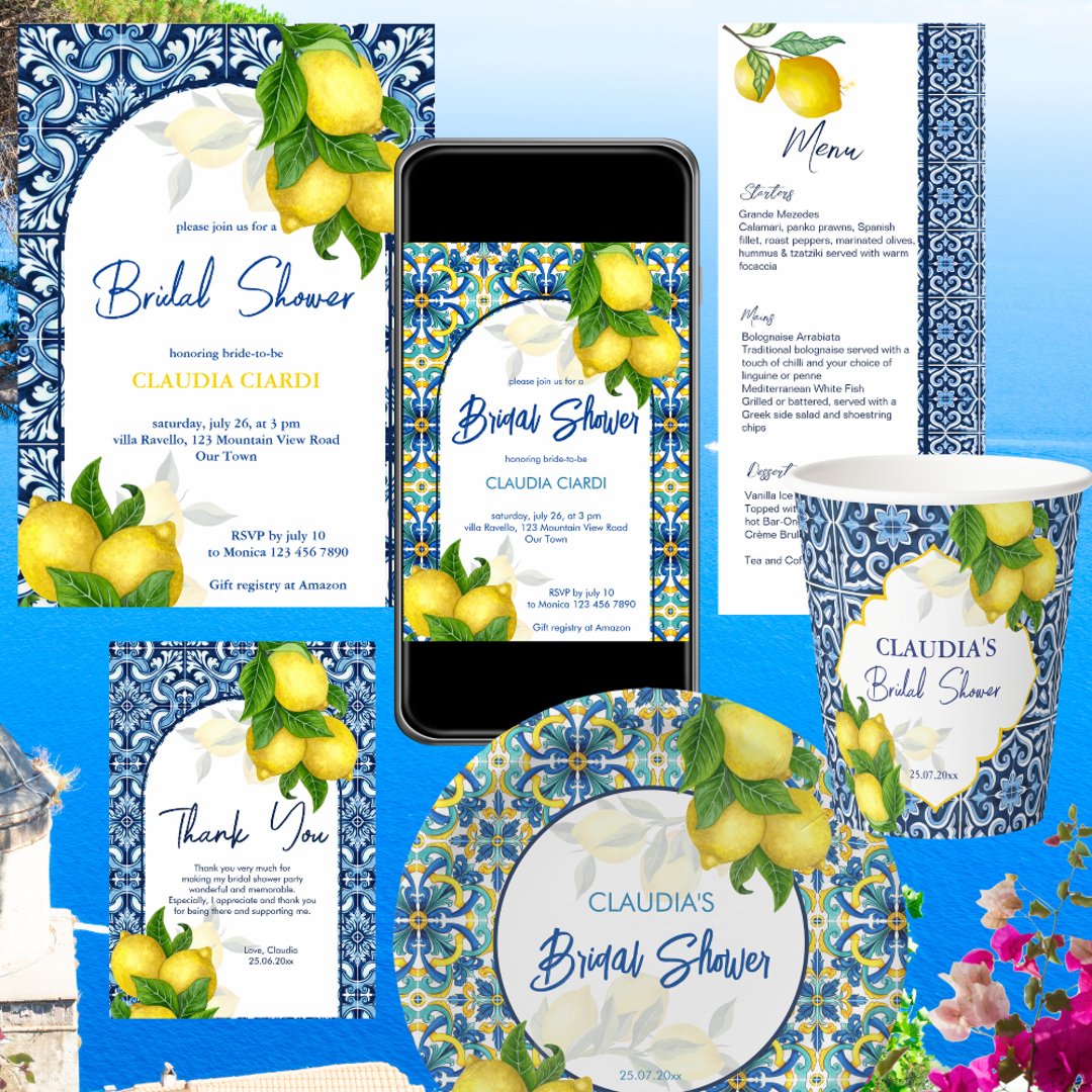 Blue tiles lemon Amalfi Positano birthday party Invitation | Zazzle
