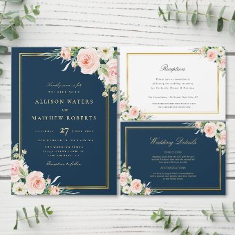 classic gold frame pink blush floral Navy wedding Invitation | Zazzle