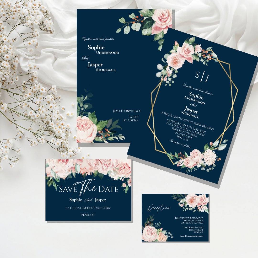 Blush Floral Navy Simple All In One Wedding Invitation | Zazzle