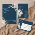 Blush Floral Navy Simple All In One Wedding Invitation | Zazzle