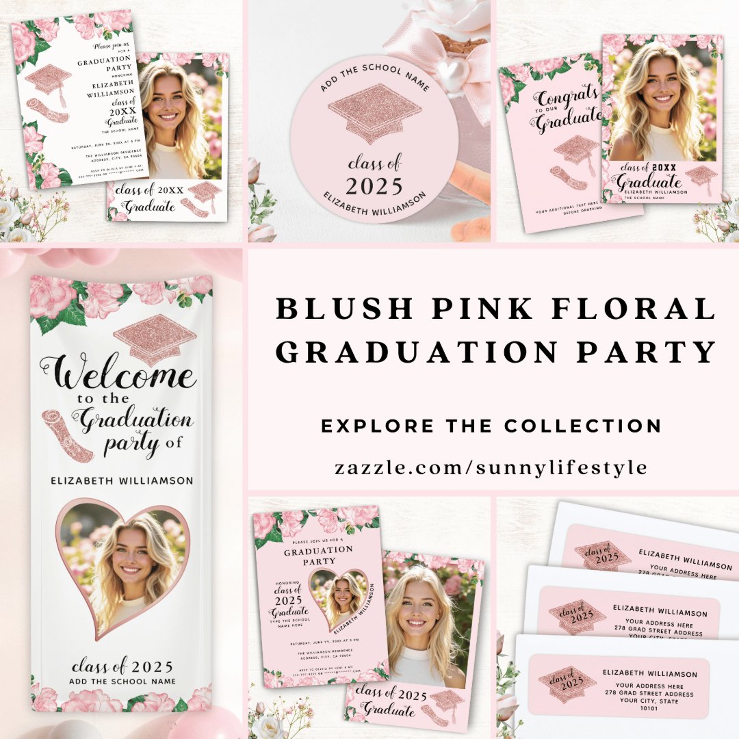 Grad Photo Class 2025 Blush Pink Floral Graduation Banner | Zazzle