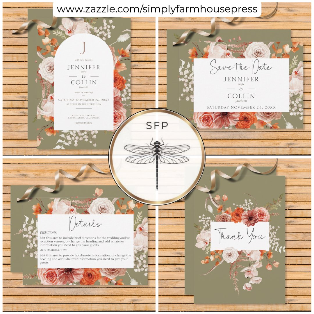 Boho Burnt Orange Fall Floral Arch Monogram Sage Invitation | Zazzle