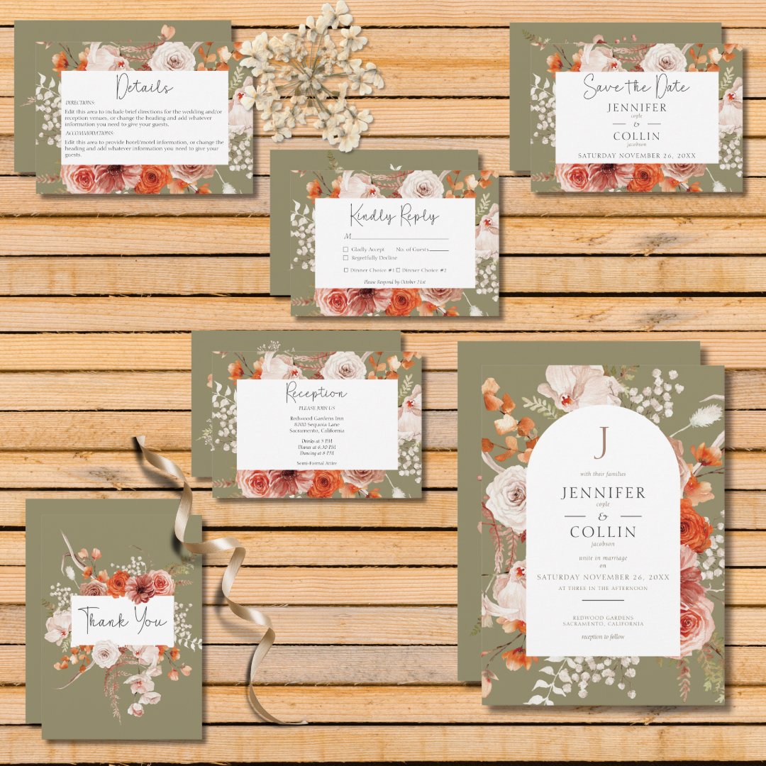 Boho Burnt Orange Floral Arch Monogram Sage Thank You Card | Zazzle