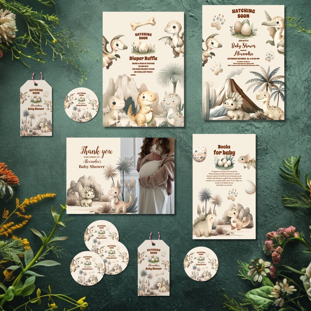 Boho Cute Hatching Soon Dinosaur Baby Shower Invitation | Zazzle