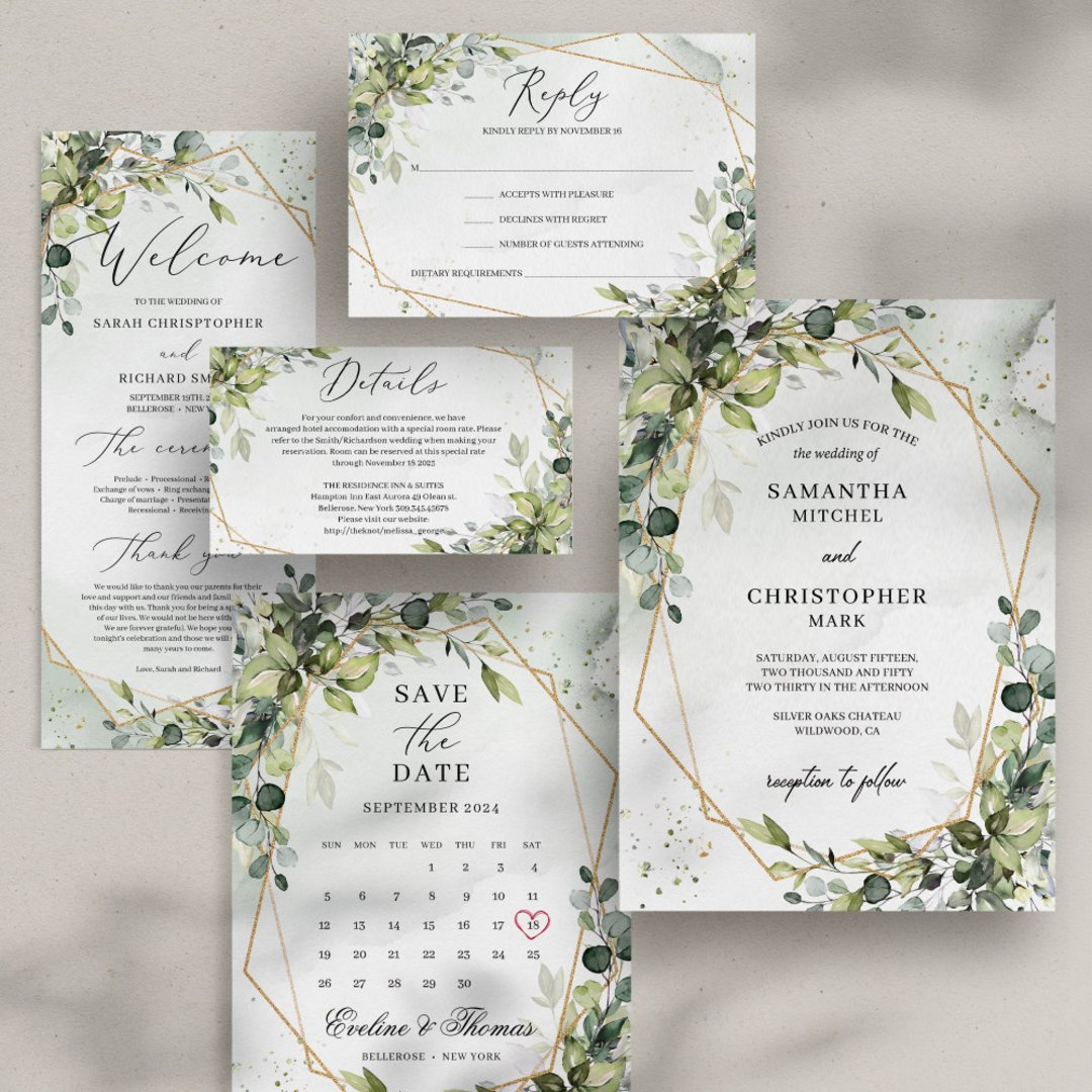 Boho greenery leaves gold geometric sweet sixteen invitation | Zazzle