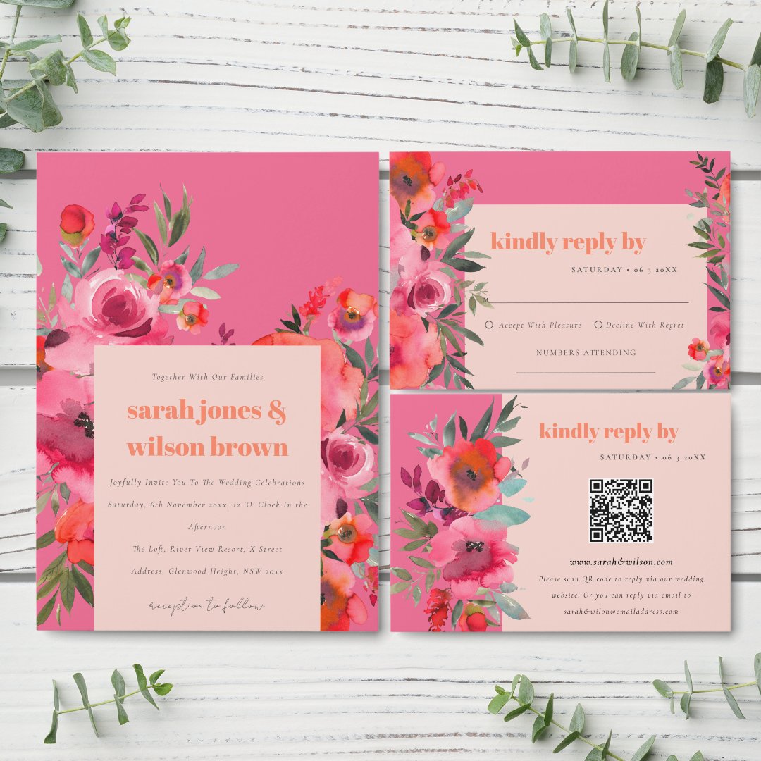 Boho Hot Pink Watercolor Floral Rehearsal Dinner Invitation | Zazzle