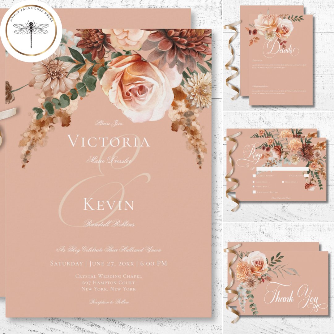 Boho Peach & Rust Floral Peach Blush Wedding Invitation | Zazzle