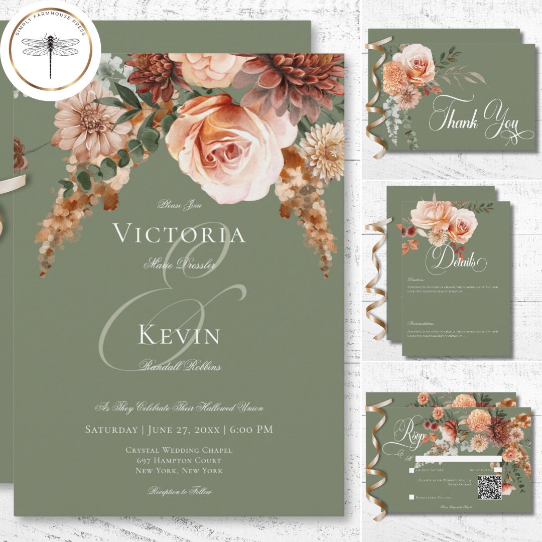 Boho Peach & Rust Floral Sage Green Reception Enclosure Card | Zazzle