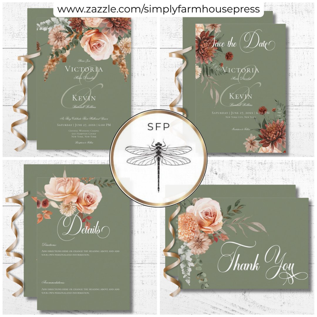 Boho Peach & Rust Floral Sage Green Wedding Invitation | Zazzle