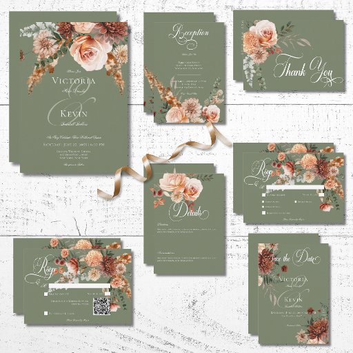 Boho Peach & Rust Floral Sage Green Wedding Invitation | Zazzle