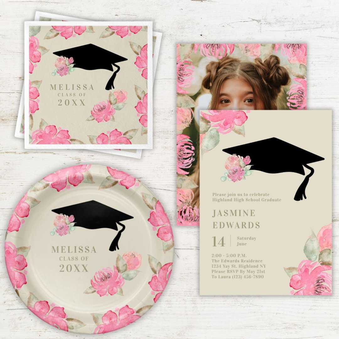 Pink Floral Graduation Selfie Frame Photo Prop Foam Board | Zazzle
