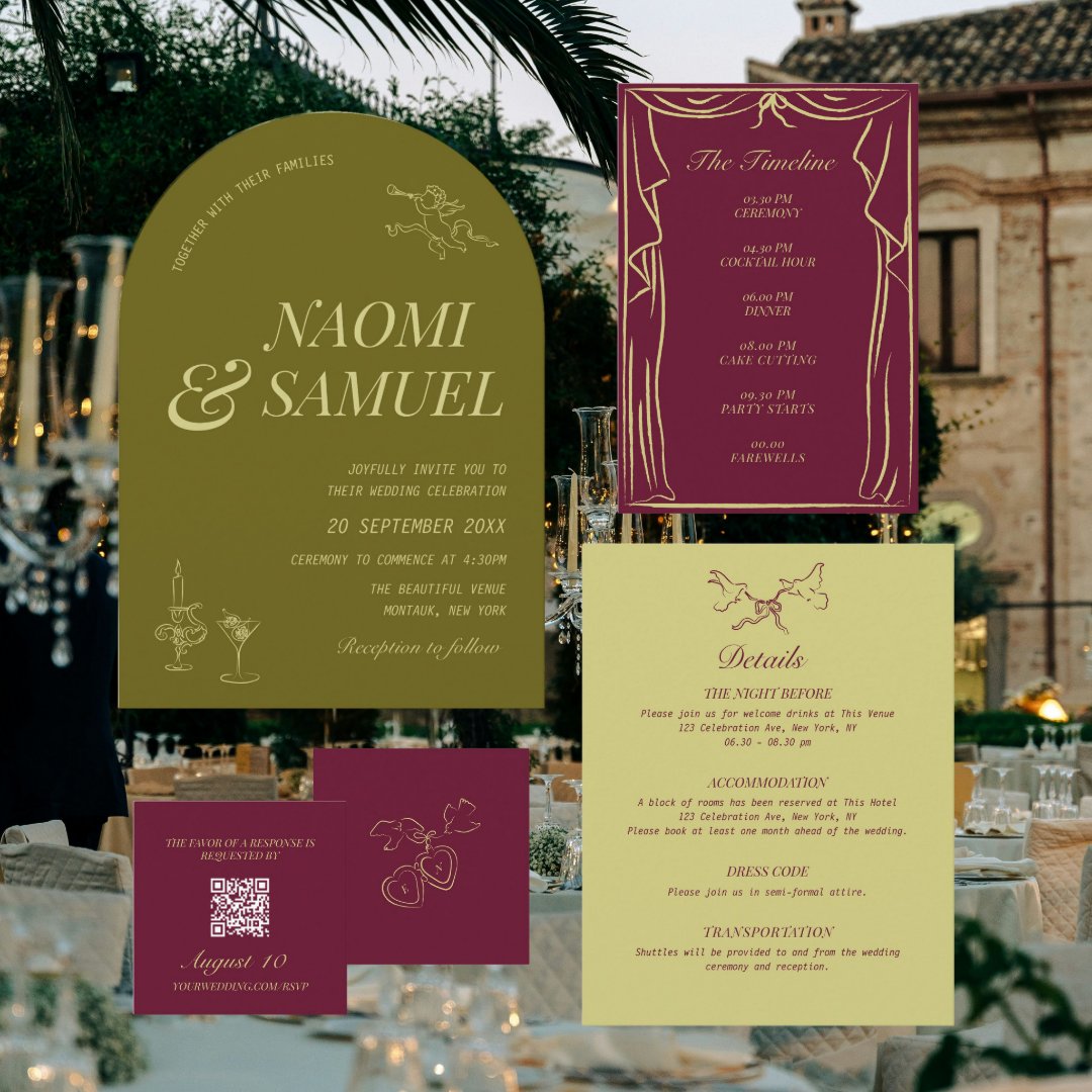 Burgundy Chartreuse Illustrated Wedding Menu | Zazzle