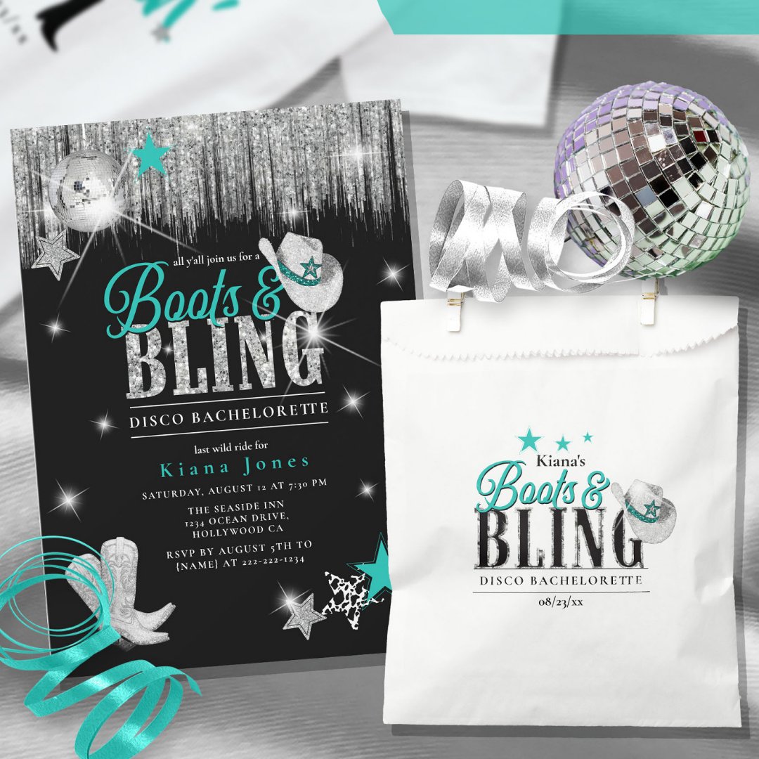 Boots 'n Bling Disco Bachelorette Wkend Teal ID925 Invitation | Zazzle