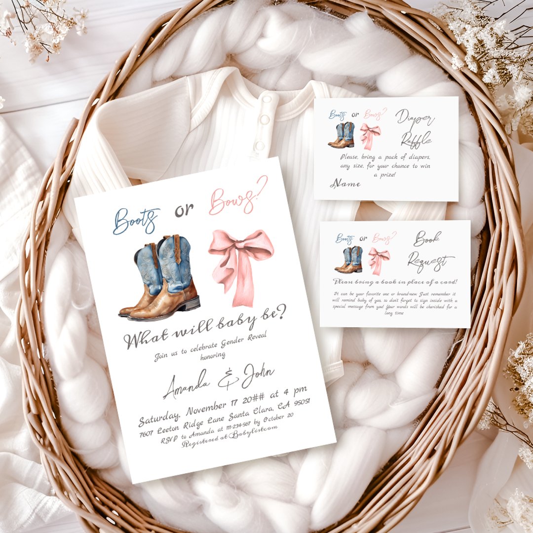 Elegant Boots or Bows Blue Pink Gender Reveal Invitation | Zazzle