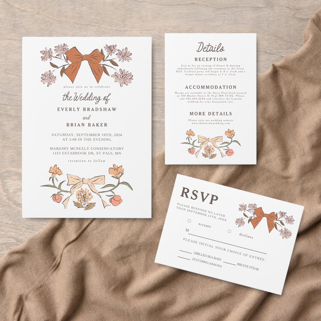 Rustic Terracotta Bow & Blossom Wedding Thank You Card | Zazzle