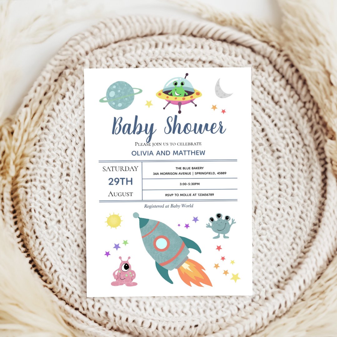 Boys Cute Modern Space Alien Rocket Baby Shower Invitation | Zazzle