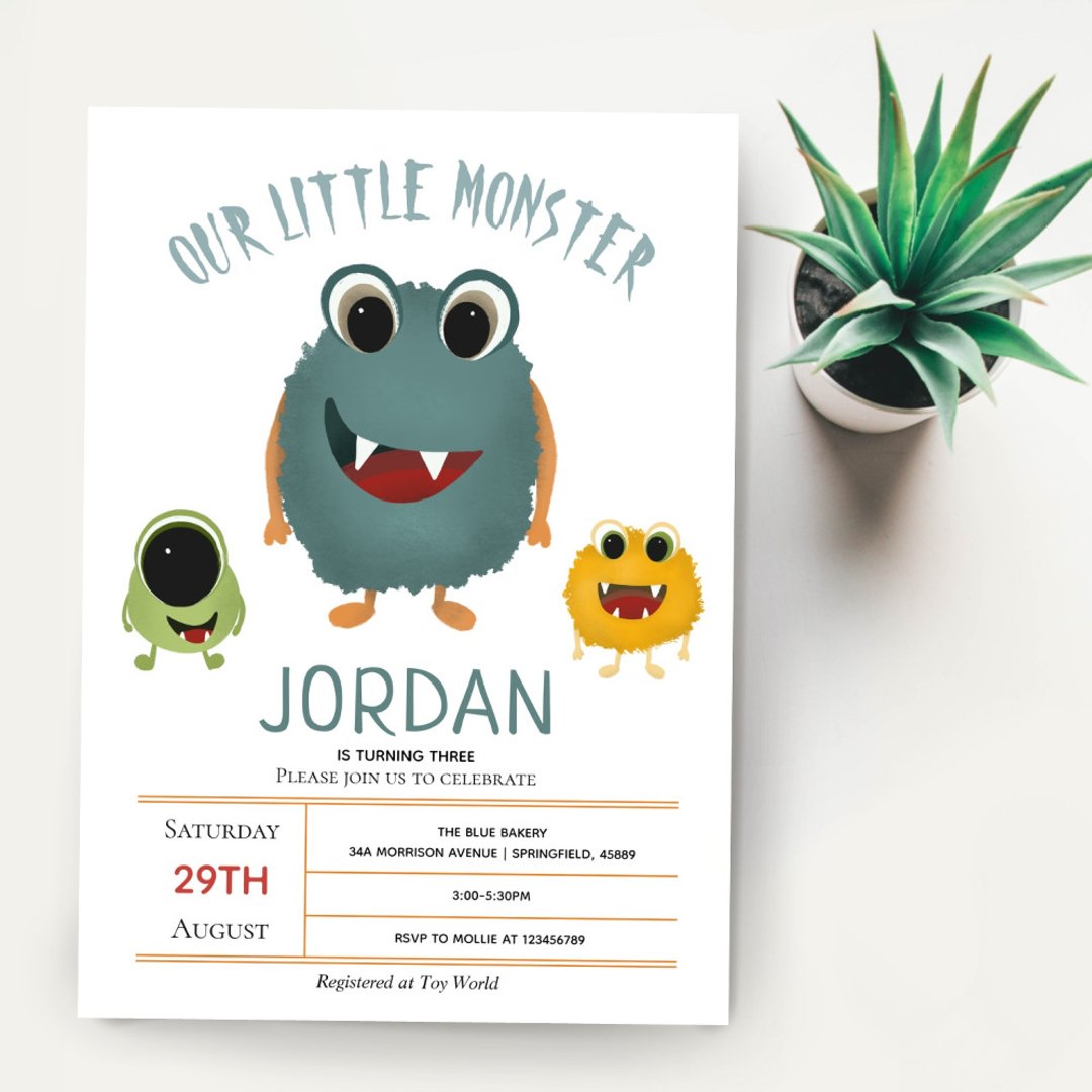 Boys Modern Blue Monster Kids 2nd Birthday Invitation | Zazzle