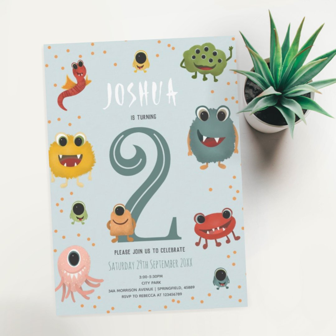 Boys Modern Blue Monster Kids 2nd Birthday Invitation | Zazzle