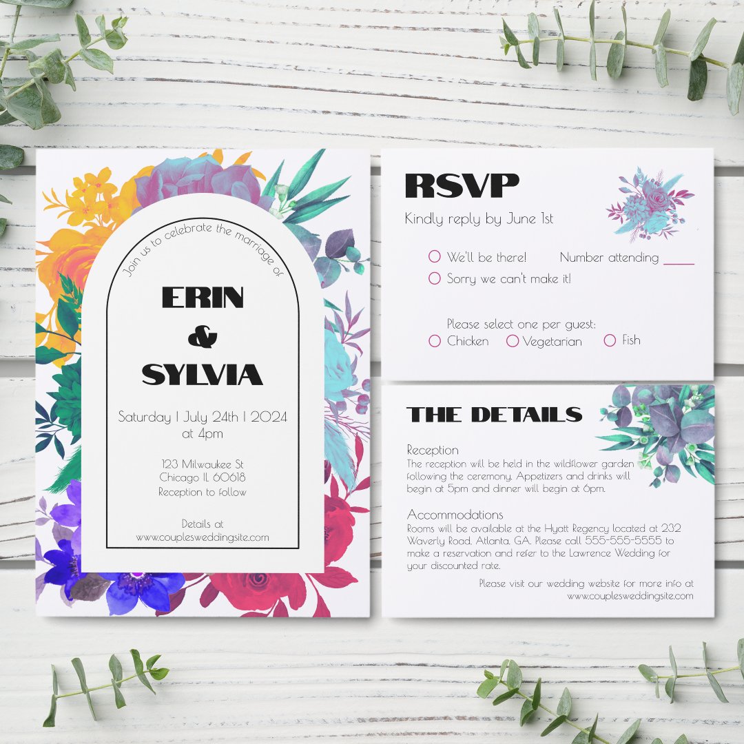 Bright Rainbow Floral Wedding Invitation | Zazzle