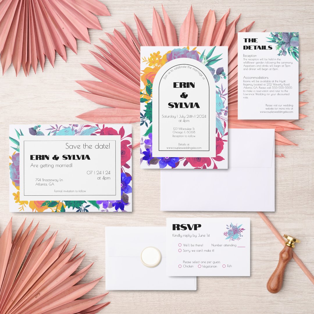 Bright Rainbow Floral Wedding Invitation | Zazzle