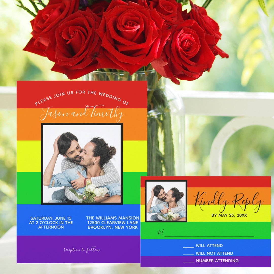 Rainbow Striped LGBTQ Couple Photo Gay Wedding Invitation | Zazzle