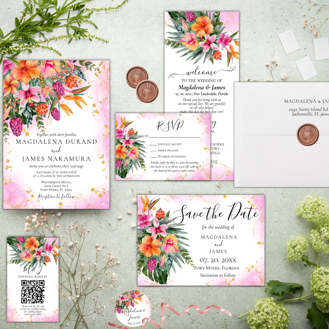 Bright Elegant Pink Orange Tropical Floral Wedding Invitation | Zazzle