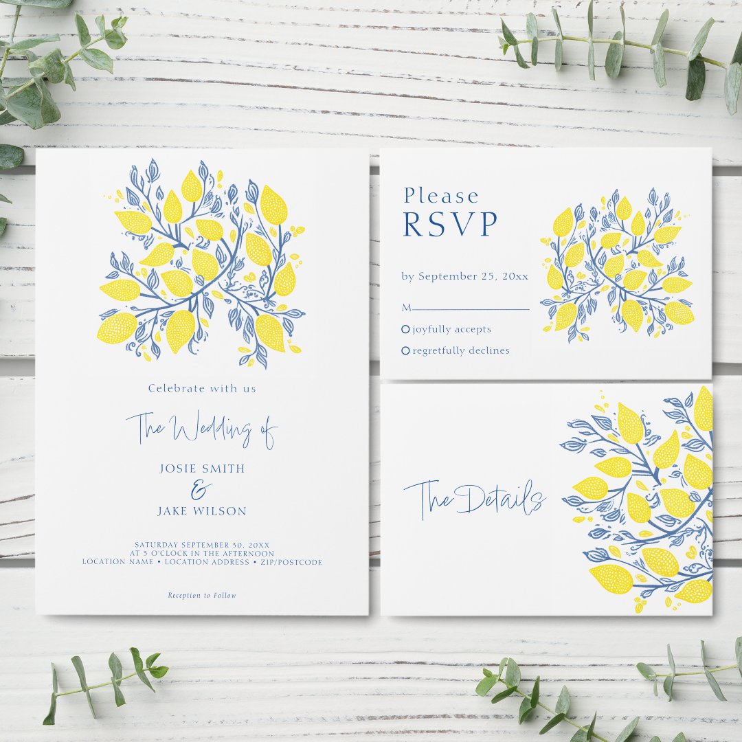 Bright blue and yellow lemon vines pretty wedding invitation | Zazzle