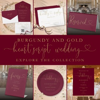 Burgundy Gold Script Hearts Minimalist Wedding All In One Invitation | Zazzle
