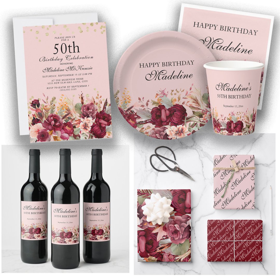 Pink Burgundy Floral Gold Glitter 80th Birthday Invitation | Zazzle
