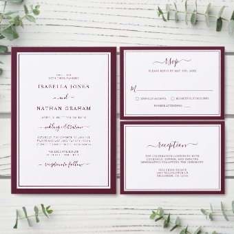 Elegant Border Minimalist Burgundy Script Wedding Invitation | Zazzle
