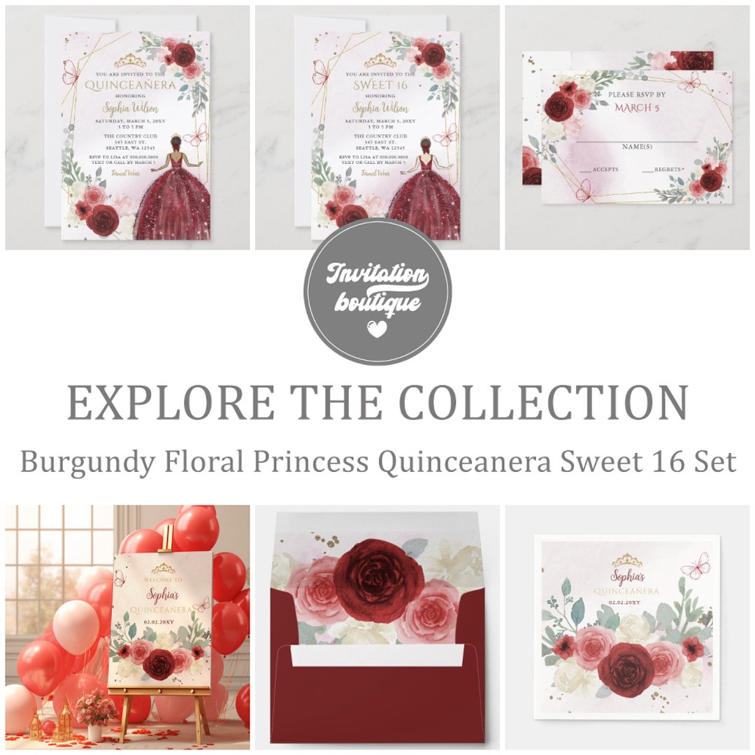 Budget Burgundy Floral Princess Quinceañera Invite | Zazzle