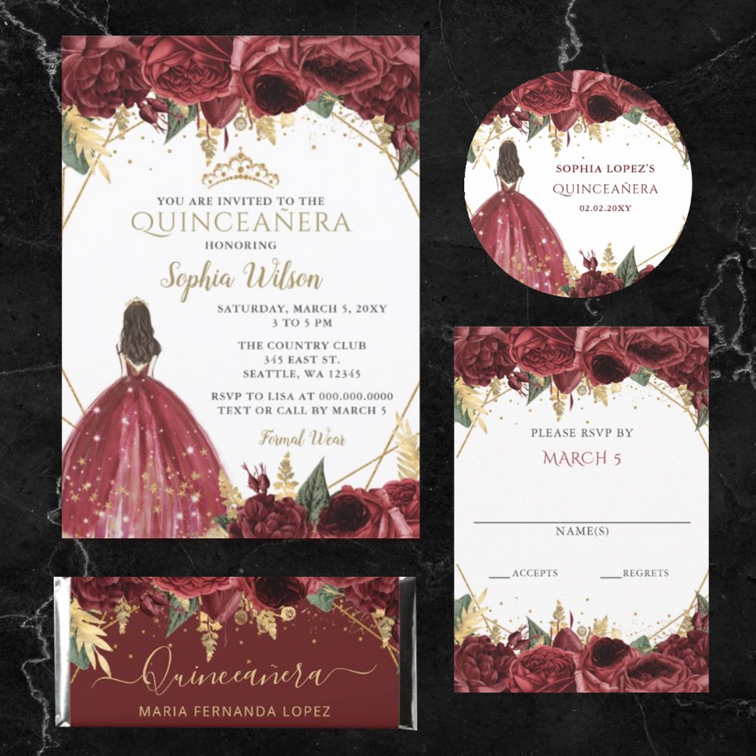 Burgundy Gold Floral Princess Quinceañera Quince I Invitation | Zazzle