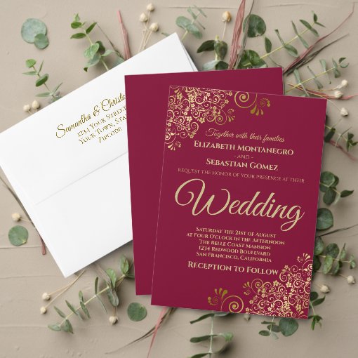 Elegant Gold Floral Frills Burgundy Maroon Wedding Foil Invitation | Zazzle