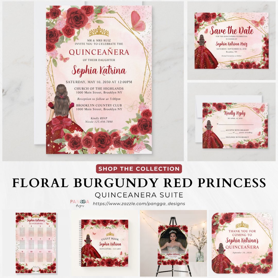 Burgundy Gold Floral Princess Quinceañera Photo Thank You Card | Zazzle