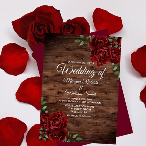 Burgundy Red Rose Rustic Wood Wedding Invitation | Zazzle